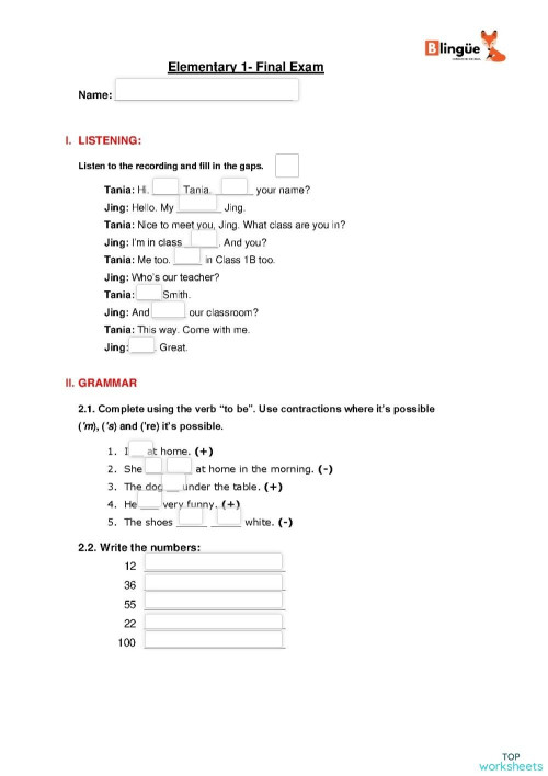 Elementary I - Final Exam. Interactive worksheet | TopWorksheets