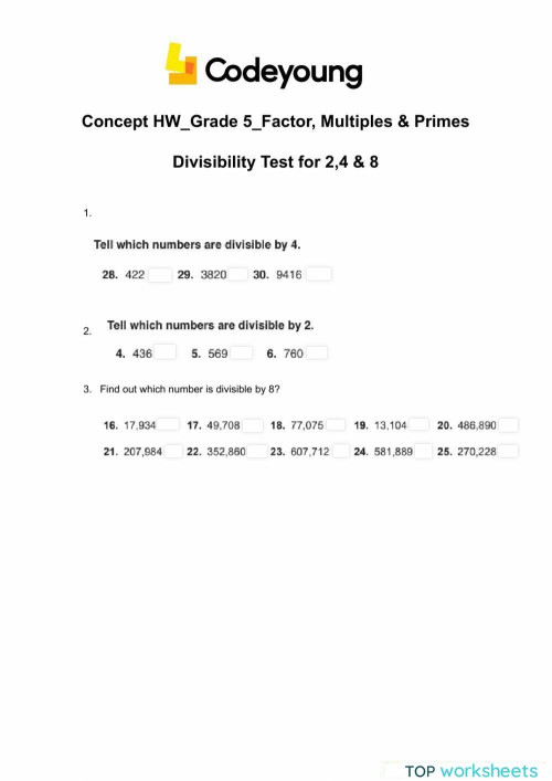 Concept HW-Divisibility Test for 2,4 & 8. Interactive worksheet ...