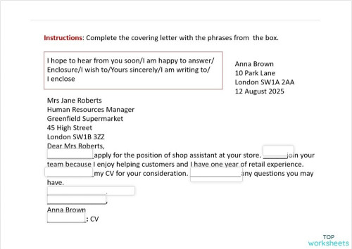 Covering letter 1. Interactive worksheet | TopWorksheets