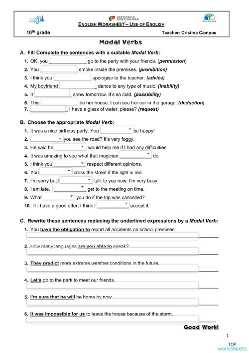 Modal Verbs 10th Grade. Interactive worksheet | TopWorksheets