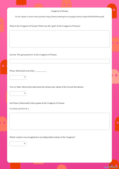 Congress of Vienna. Interactive worksheet | TopWorksheets