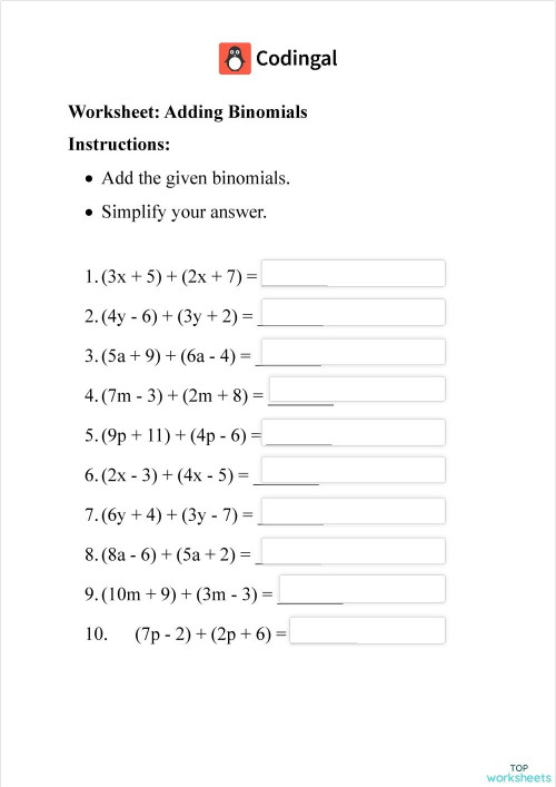 M_G07T02_WC05_Adding Binomials. Interactive worksheet | TopWorksheets