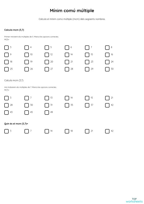Mínim comú múltiple. Fitxa interactiva | TopWorksheets