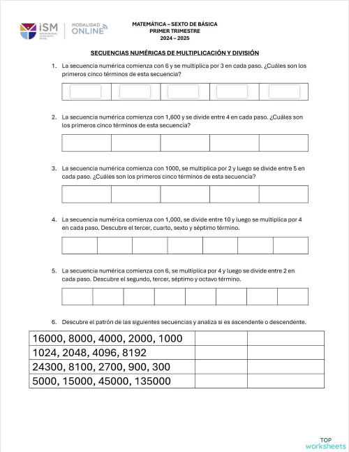 6TO - M - SECUENCIAS NUMÉRICAS. Ficha interactiva | TopWorksheets