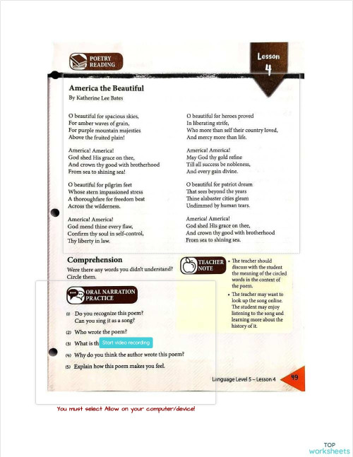 Lesson 4: Poetry Reading Pg 49. Interactive worksheet | TopWorksheets