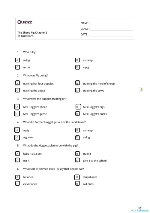 The Sheep Pig Chapter 2. Interactive worksheet | TopWorksheets