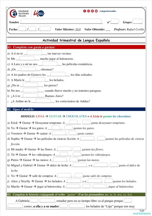 Verbo GUSTAR. Ficha interactiva | TopWorksheets