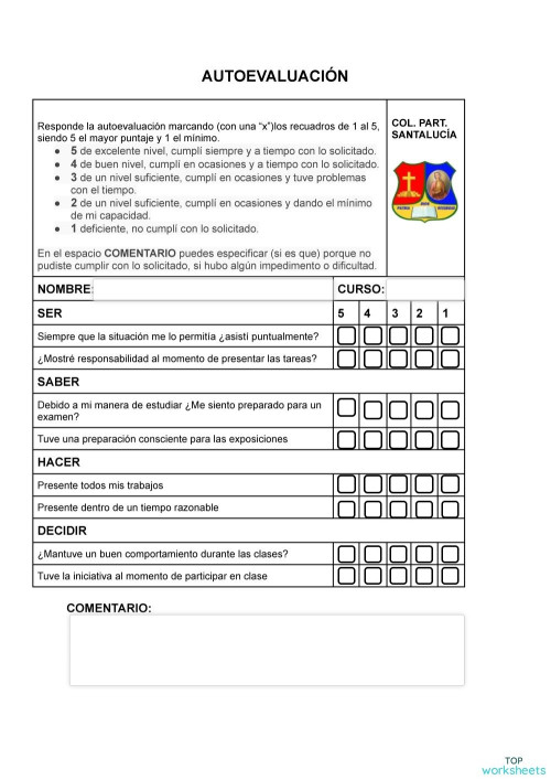 AUTOEVALUACION. Ficha interactiva | TopWorksheets