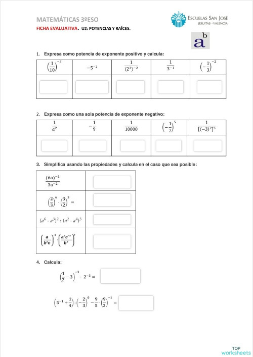 Potencias base racional y exponente entero. Ficha interactiva ...