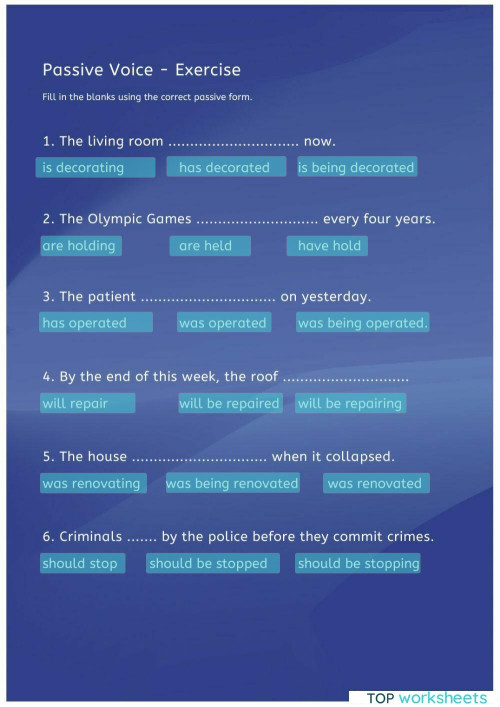 Passive Voice - Exercise. Interactive worksheet | TopWorksheets
