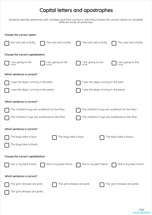 Capital letters and apostrophes. Interactive worksheet | TopWorksheets