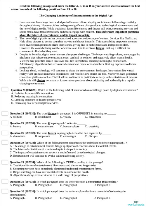READING MULTIPLE CHOICE 15. Interactive worksheet | TopWorksheets