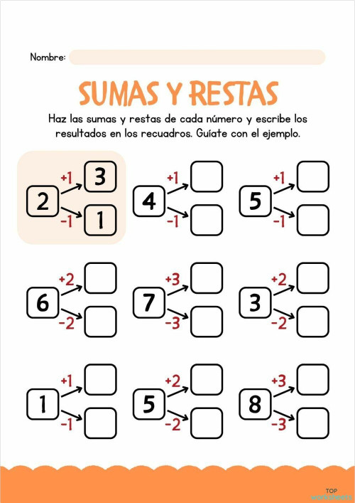 Hoja de Trabajo Sumas y Restas Simple Naranja. Ficha interactiva | TopWorksheets