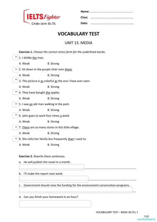 BASIC IELTS JUNIOR - VOCAB TEST 13. Interactive worksheet | TopWorksheets