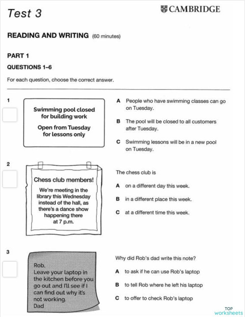 KET APT TEST 3 - READING. Interactive worksheet | TopWorksheets
