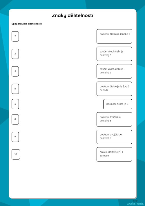 Znaky dělitelnosti. Interaktivní pracovní list | TopWorksheets