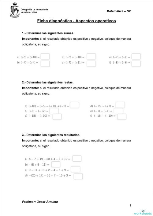 Ficha diagnóstica - Aspectos operativos. Ficha interactiva | TopWorksheets