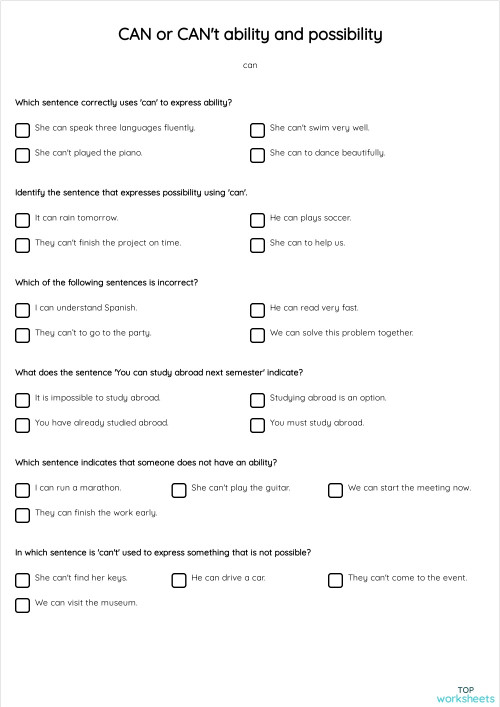 CAN or CAN't ability and possibility. Interactive worksheet | TopWorksheets