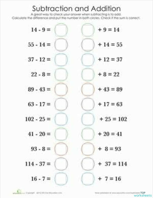 M_G02M07L34_WE01_Verifying subtraction using addition. Interactive worksheet | TopWorksheets