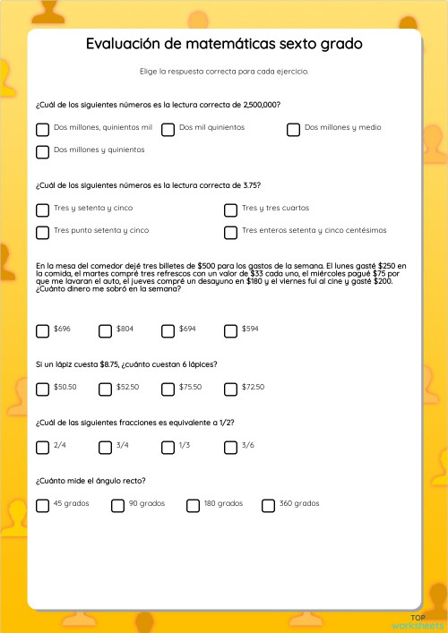 Evaluación de matemáticas sexto grado. Ficha interactiva | TopWorksheets