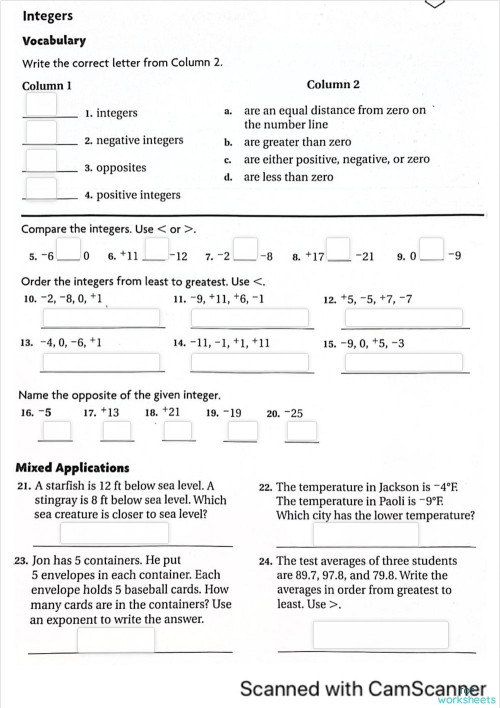 Lesson 1.5 Integers (6th). Interactive worksheet | TopWorksheets