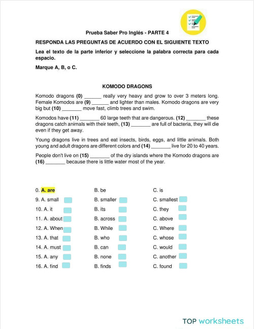 Parte 4 - Prueba Saber Pro Ingles. Interactive worksheet | TopWorksheets