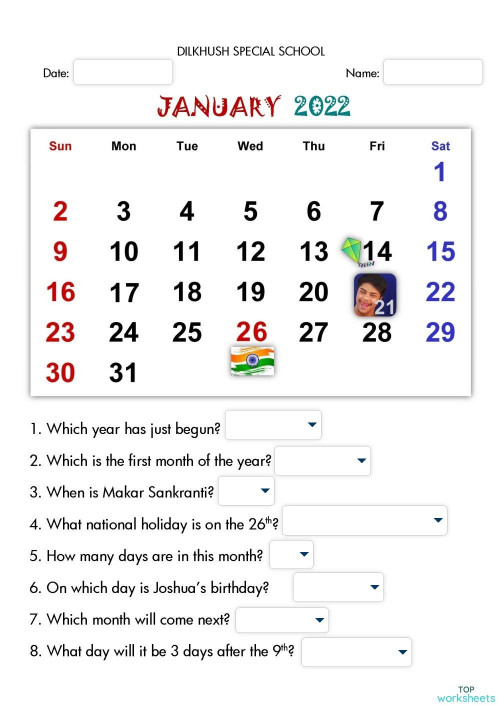 JANUARY - CALENDAR. Interactive worksheet | TopWorksheets