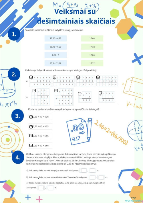 Dešimtainių skaičių sudėtis. Interactive worksheet | TopWorksheets