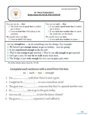 III° Grade Result Clauses SO, SUCH, TOO, ENOUGH. Interactive worksheet ...