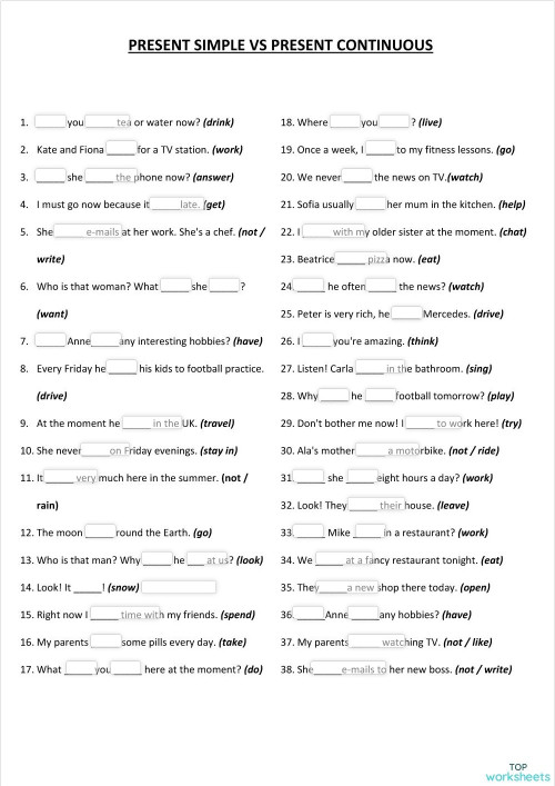 PRESENT SIMPLE VS PRESENT CONTINUOUS. Interactive worksheet | TopWorksheets
