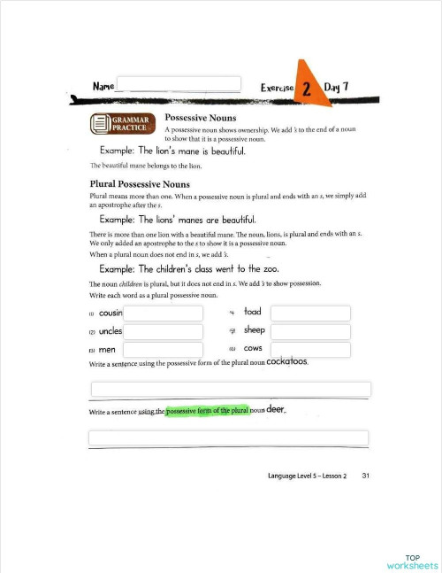 Lesson 2: Possessive Nouns Pg 31. Interactive worksheet | TopWorksheets