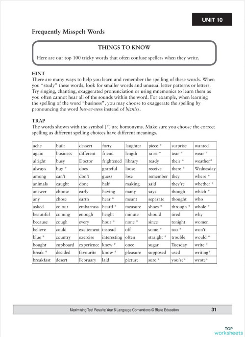 Unit 10 Frequently Misspelt Words. Interactive worksheet | TopWorksheets