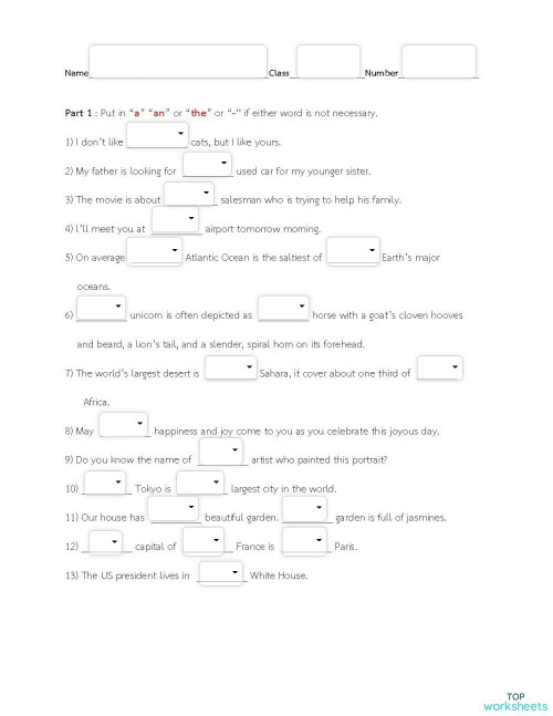 Article Nouns Quantifiers. Interactive worksheet | TopWorksheets