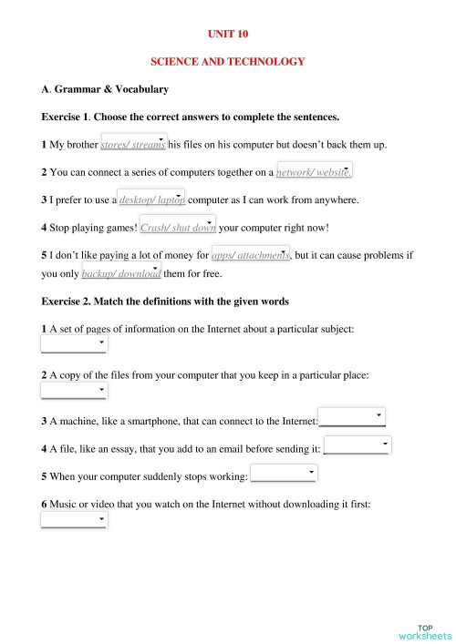 Unit 10 - Science and Technology - Grammar and Vocabulary. Interactive ...