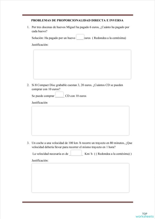 Proporcionalidad directa e inversa. Ficha interactiva | TopWorksheets
