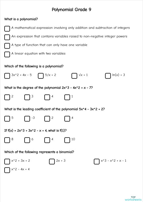Polynomial Grade 9. Interactive worksheet | TopWorksheets