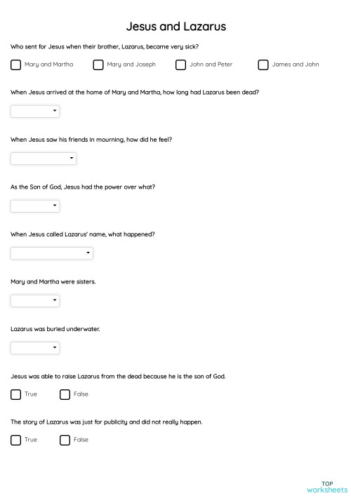 Jesus and Lazarus. Interactive worksheet | TopWorksheets