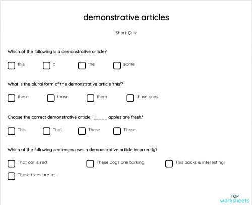 demonstrative articles. Interactive worksheet | TopWorksheets