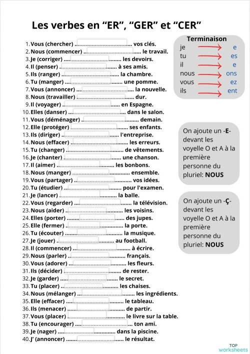 verbes en er ger cer. Fiche interactive | TopWorksheets