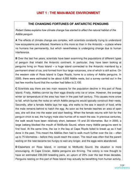 Unit 1 - Reading - The Man-made Environment. Interactive worksheet ...