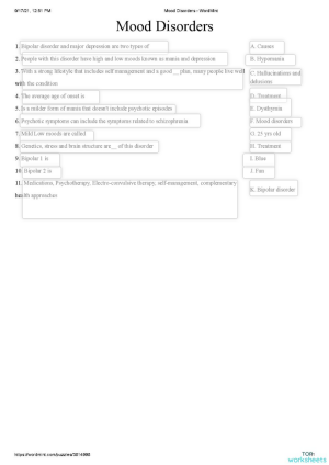 MOOD DISORDER-XII. Interactive worksheet | TopWorksheets