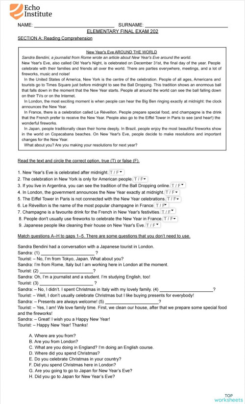Reading comprehension A1. Interactive worksheet | TopWorksheets