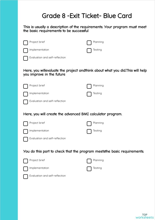 Grade 8 -Exit Ticket- Blue Card. Interactive worksheet | TopWorksheets