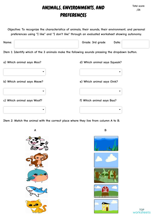 ANIMALS, ENVIRONMENTS, AND PREFERENCES. Interactive worksheet ...