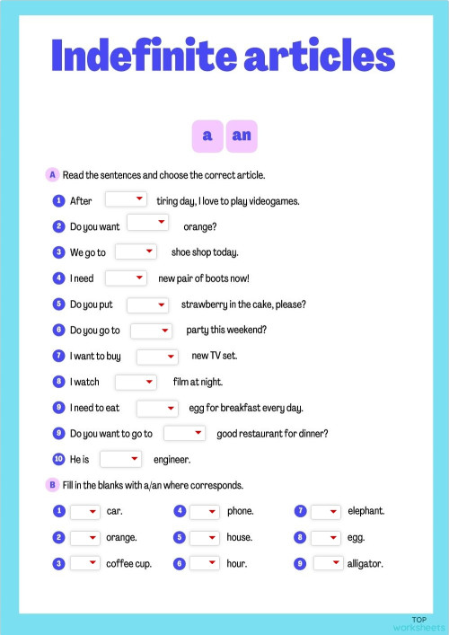 Articles: interactive worksheets and online exercises | TopWorksheets
