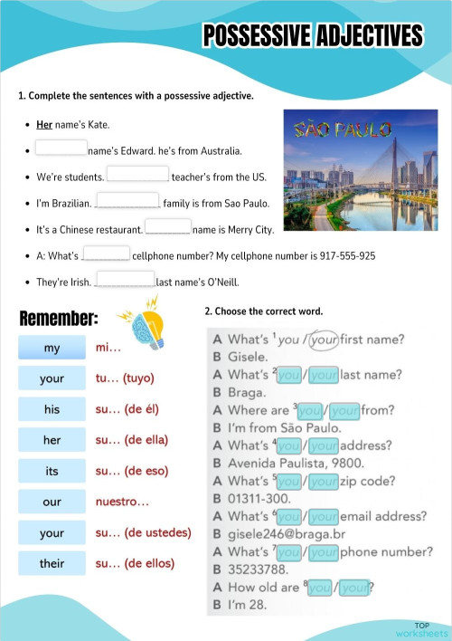 POSSESSIVE ADJECTIVES. Ficha interactiva | TopWorksheets