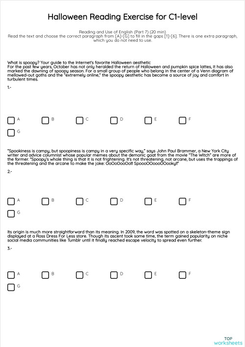 Halloween Reading Exercise for C1-level. Interactive worksheet ...