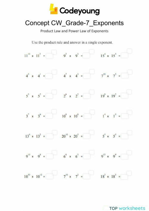 Product Law and Power Law of Exponents Concept CW. Interactive ...