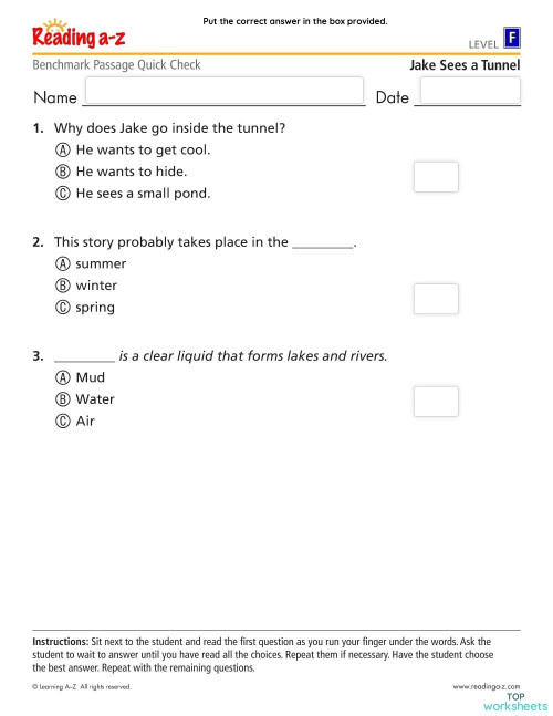 Reading Level F: Jake Sees a Tunnel. Interactive worksheet | TopWorksheets