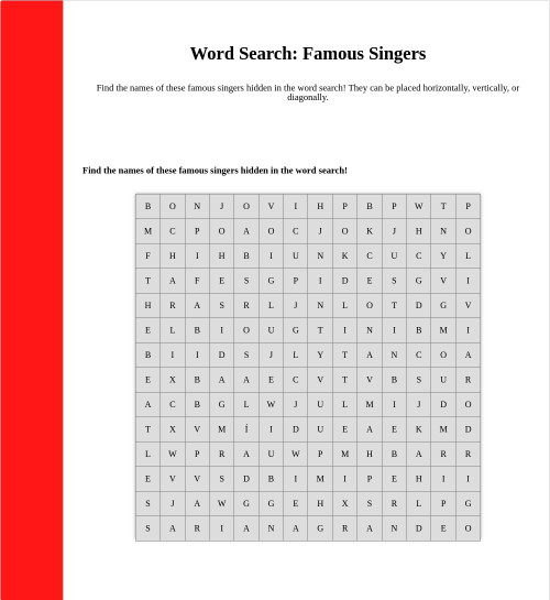 Word Search: Famous Singers. Interactive worksheet | TopWorksheets